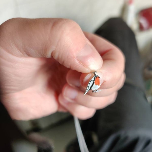Dainty Robin Bird Necklace. Sterling Silver and Orange Enamel. Nature ...