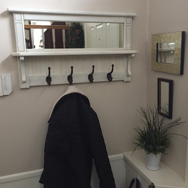 Wall Mirror Shelf & Coat Rack With Hooks Entryway Organization Wooden ...