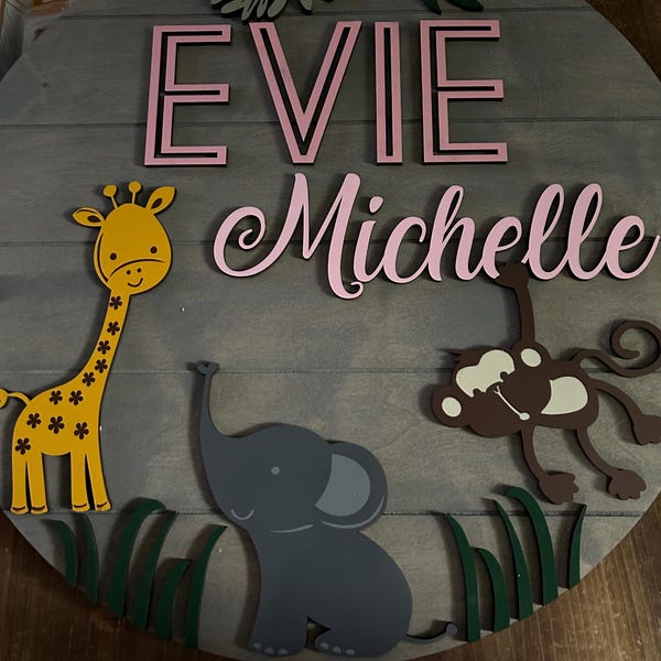 Nursery Name Sign, Jungle Animal Woodland Name Sign, Rustic Baby Name ...