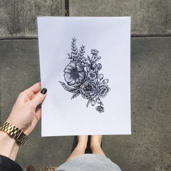 Floral Bouquet Botanical Floral Pen and Ink Hand Drawn Illustration ...