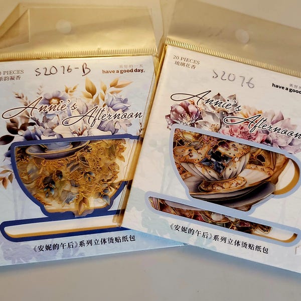 20 Pcs Gold Foil Water Color Tea Cup and Flower Sticker, Gem and Flower ...