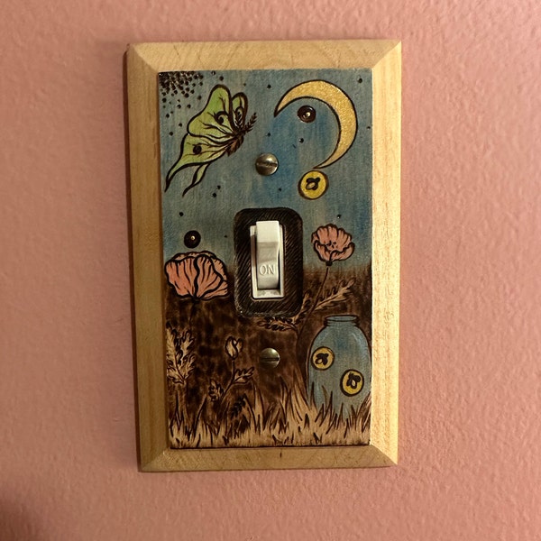 Botanical Woodburned Light Switch Cover: Fireflies & Luna Moth - Etsy
