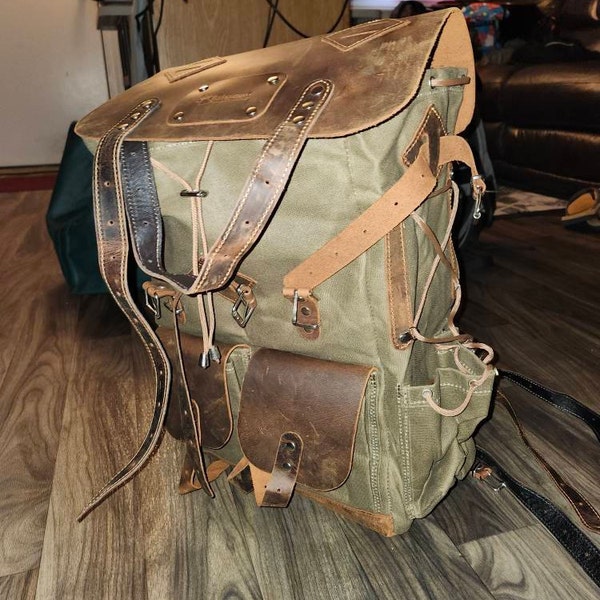 Camping Backpack Bushcraft Backpack Canvas-leather | Green-brown ...