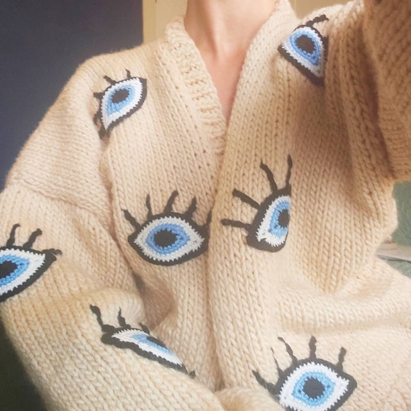 Evil Eye Bead Cardigan | Chunky Knit Nazar Jacket | Knitted 3D Turkish ...
