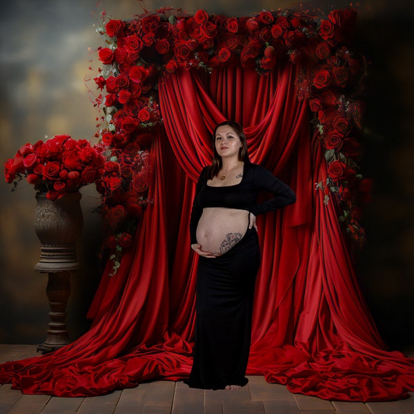 Red Classical Room Digital Backdrop, Maternity Backdrop Overlays Studio ...