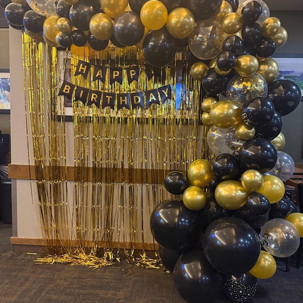 85th Birthday Balloon Garland Arch, Black and Gold 85th Birthday ...