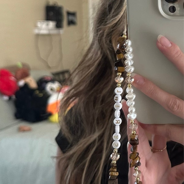 Tigers Eye Phone Strap,healing Crystal Phone Chain,pearl Beaded Phone ...