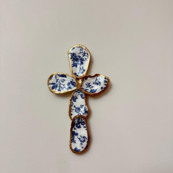 Oyster Shell Cross for Wall Decor Purple Floral Print Oyster Shell Wall ...