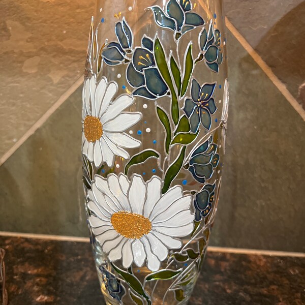Vase With Bells and Daisies Stained Glass Hand Painted Vase Wildflowers Handpainted Personalized ...