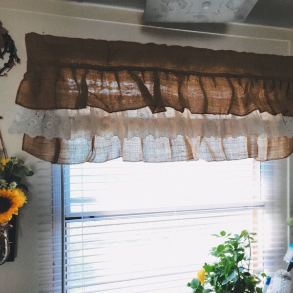 Custom Burlap Ruffled Curtain Rustic Burlap Lace Kitchen Valance Burlap ...