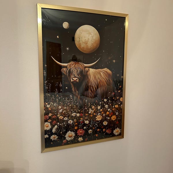 Highland Cow Wildflowers Poster Print Boho Style Vintage Wall Art ...