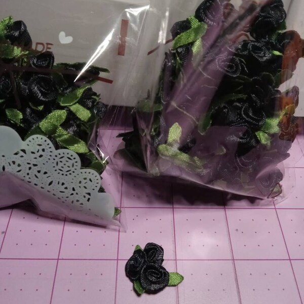 Black Satin Roses 20mm, Black Fabric Roses, Small Ribbon Roses Applique ...