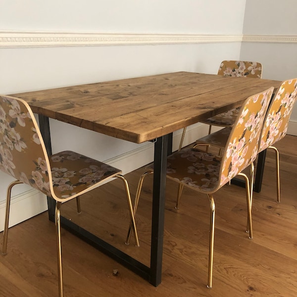 Industrial Dining Table Rustic Solid Kitchen Farmhouse Steel Reclaimed ...