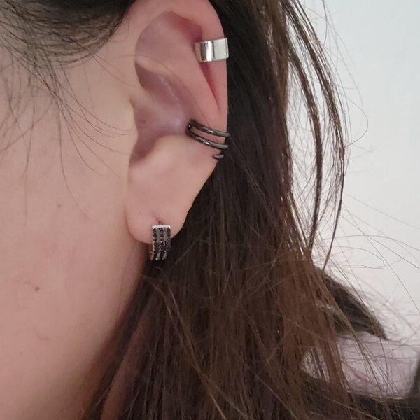 Double Ear Cuff - Black Ear Cuff - Silver Earrings - Minimalist Earrings - Cartilage Earring ...