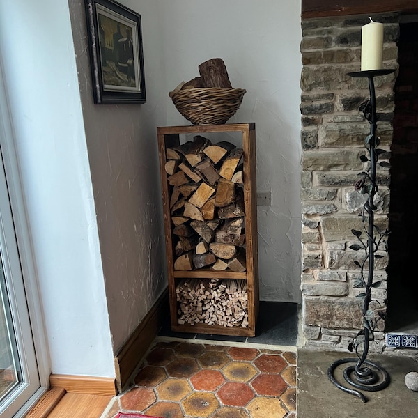 Rustic Wooden Pine Indoor Log Store – Chunky Firewood Rack, Dark Oak ...