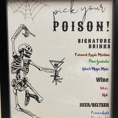 Pick Your Poison Sign, Halloween Bar Menu Template, Spooky Skeleton Bar ...