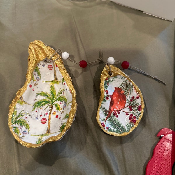 Red Cardinal Oyster Shell Christmas Ornament: Gold Glitter Coastal ...