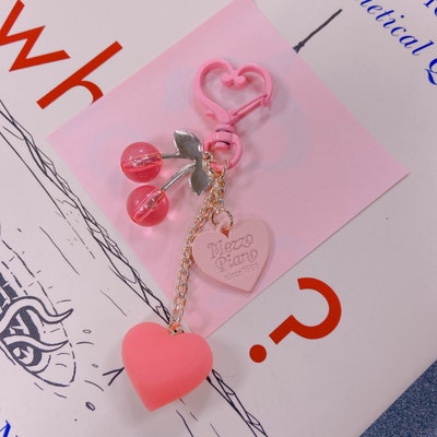 Pink Cherry Keyring With Heart Clasp, Cute Heart Keychain, Keychain ...