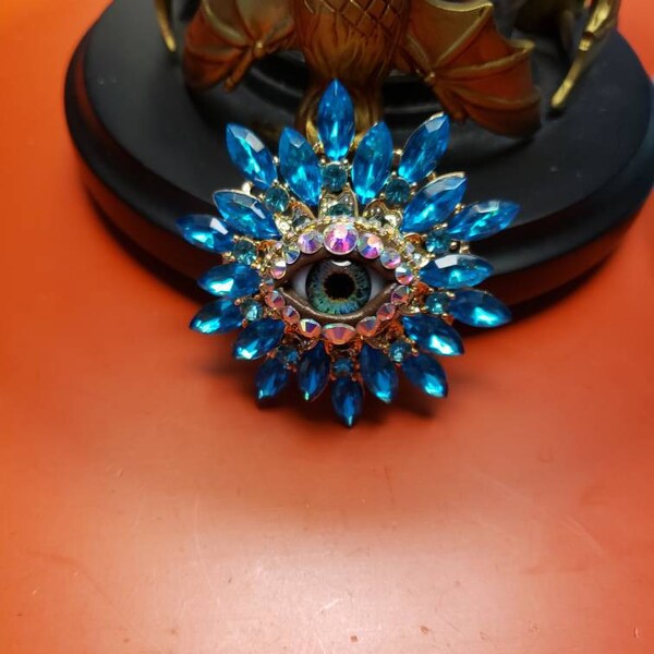 Vintage Blue Eyeball Brooch, Handmade Glass Iris, Rhinestone Sunburst ...
