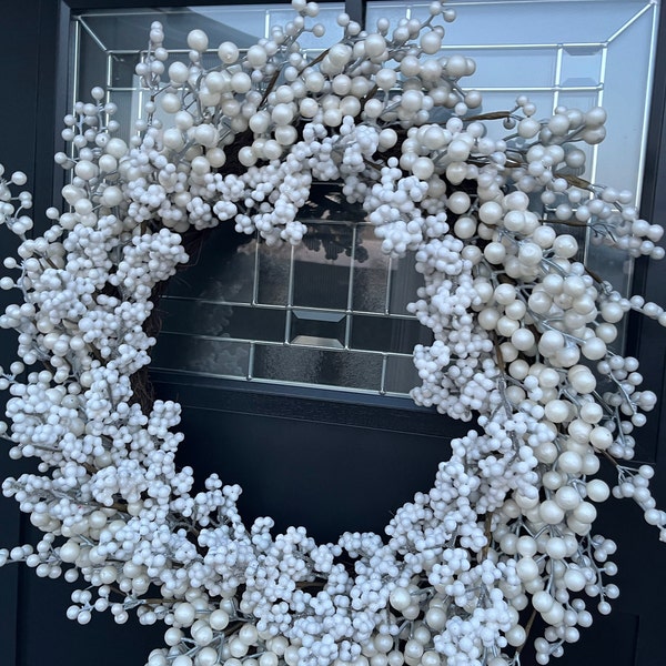 Waterproof Winter White Pearl Berry Christmas Holiday Front Door Wreath ...