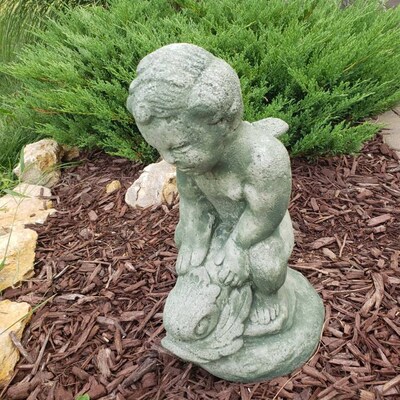 15 Tall Cement Boy Riding on Fish Concrete W/green - Etsy