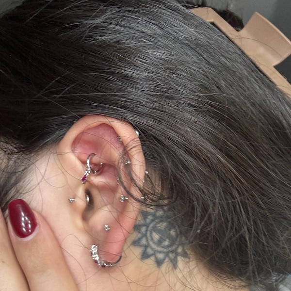 Tiny Ruby Dangle Rook Hoop Earring • Gemstone Helix Hoop • Rook Earring ...