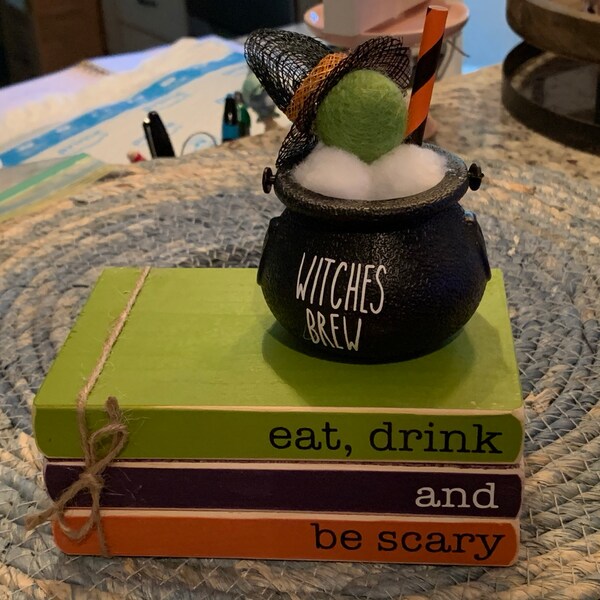 Halloween Decor, Tiered Tray, Mini Book Bundle, Black Cauldron, Book ...