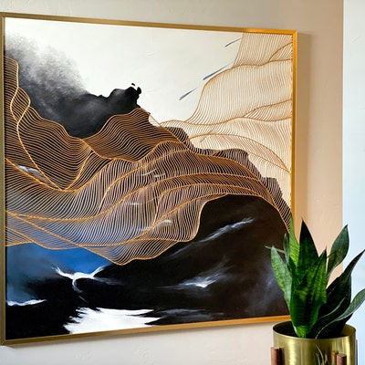 Gold Lines Abstract Painting on Canvas Wall Art Picture for - Etsy