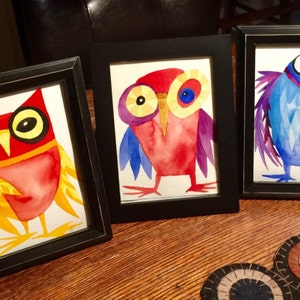 Funky Owl Art Whimsical, Original Watercolor Bird Painting. Nursery ...