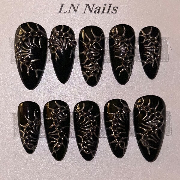 Centipede Silver Black Nails, Gothic Press on Nails, 3D Centipede Nails ...