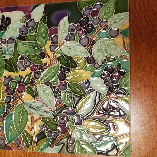 Blueberries Hand Painted Ceramic Art Tile 8 X 8 Inches With Easel Back ...