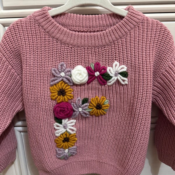 Custom Baby Sweater, Floral Initial Sweater, Hand Embroidered Baby ...