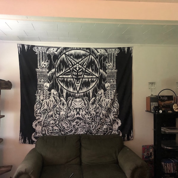 Skull Satanic Pentagram Shrine Huge Wall Tapestry-satanic Wall Decor ...