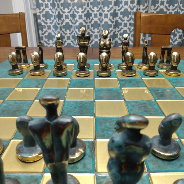 Cycladic Art Large Chess Set - Bronze Material - Blue Oxidized Board - Etsy