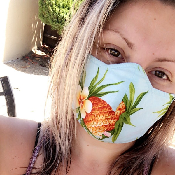 Face Masks 3 Layer Filter Aloha Print Blue Pineapple Pink Plumeria ...