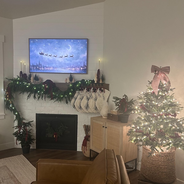 FRAME TV Art Santa and Reindeer Flying Through Night Sky, Christmas ...