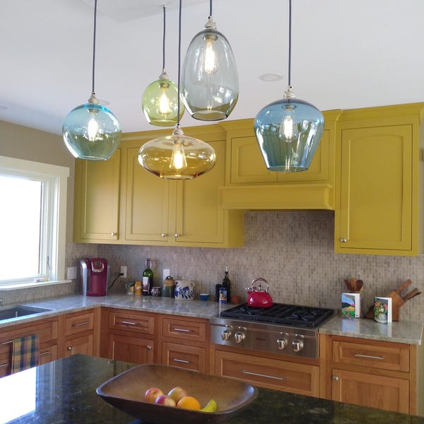 Coloured Glass Pendant Lights. Hand Blown Glass Pendants. Kitchen ...