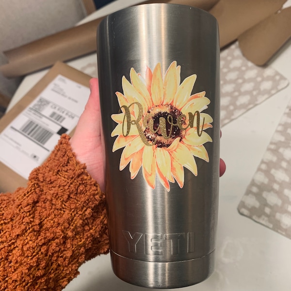 Sunflower Monogram Sticker | Vinyl Name Decal | Watercolor Floral Name ...