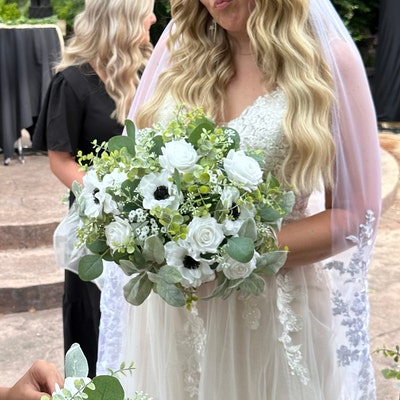 Boho White Bridal Bouquet, Rose Wedding Bouquet, Silk Flower Wedding ...
