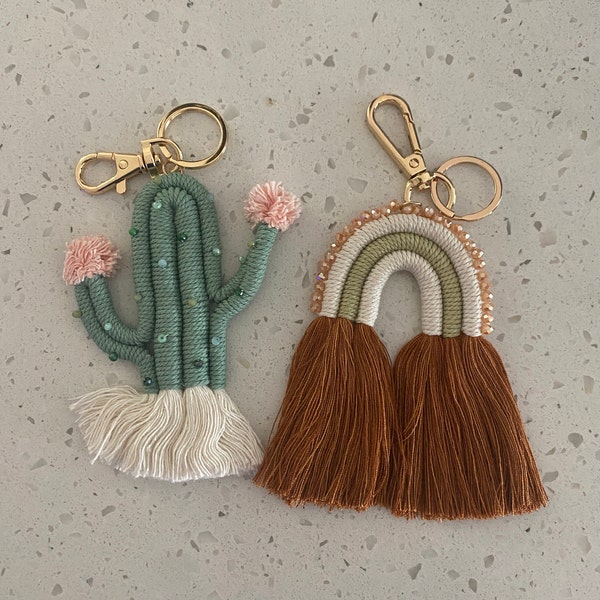 Cactus Keychain, Pompom Flamingo Keychains for Bags, Boho Rainbow ...