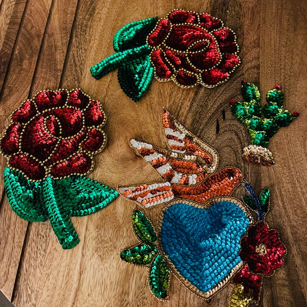 Set of 2 Mexican Red Rose Sequin Patch, Flower Sequin Applique, Rose ...