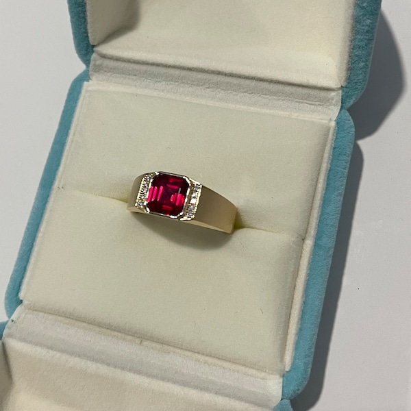 18K/14K/10K Solid Yellow Gold Lab Created Ruby Ring for Men Gold Band Red Gemstone Statement ...