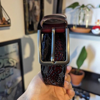 Full Grain Leather Snap-on Belt, Tooled Western Floral Engraved Leather ...