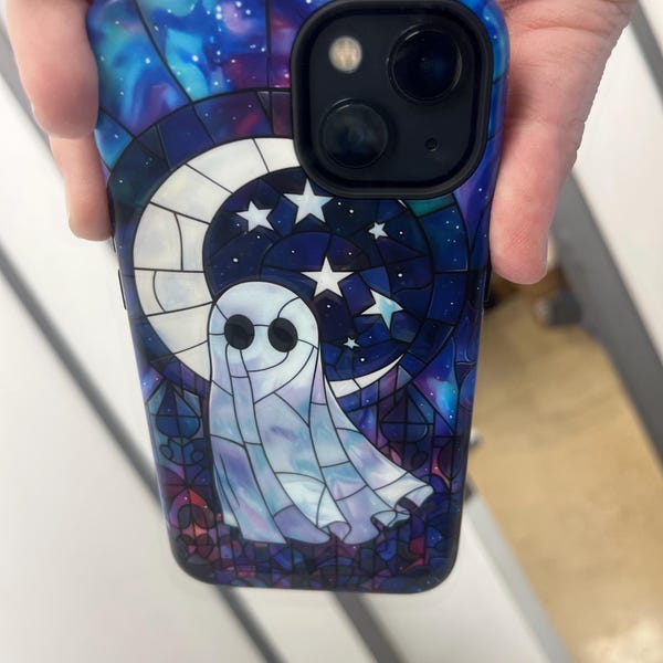 Celestial Halloween Ghost Phone Case, Spooky Moon and Stars Faux ...