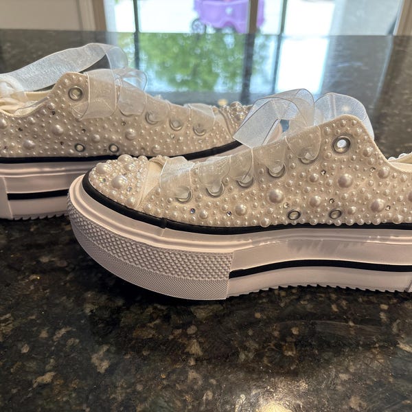 Pearl & Rhinestone Wedding Sneakers: Custom Platform Shoes With Sheer ...