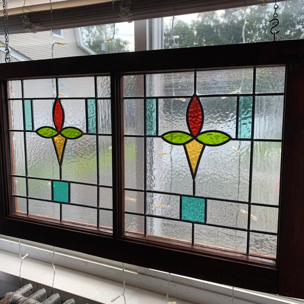 Leaded Stained Glass Panel Transom in Rustic Window Frame With Diaper ...