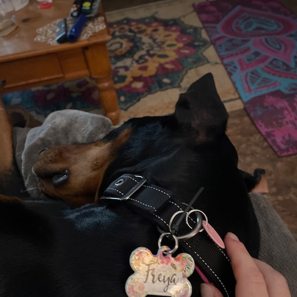 Pink Flowers Dog Tag, Rustic Floral Dog Tag, Faux Wood, Personalized ...