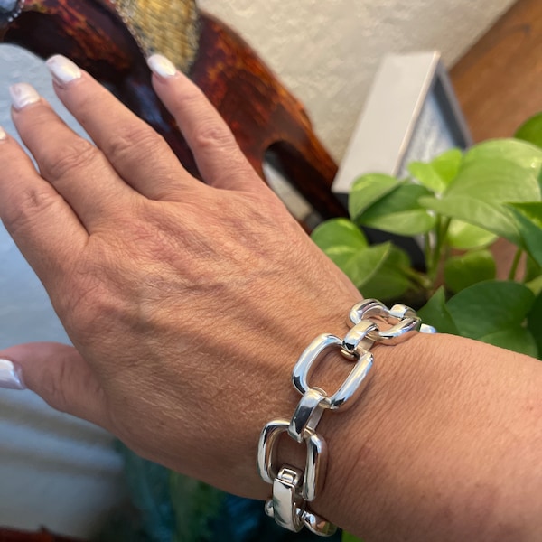 Chunky 925 Sterling Silver Chain Link Bracelet, Geometric Thick Chain ...