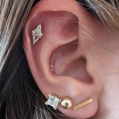 14K Gold Moss Agate Earring Threadless Push Pin Stud Dainty Fan Shape ...