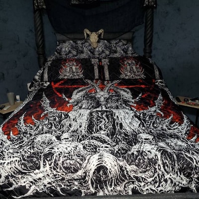 Skull Satanic Goat Satanic Pentagram Flame Quilt 3 Piece Bed Set ...